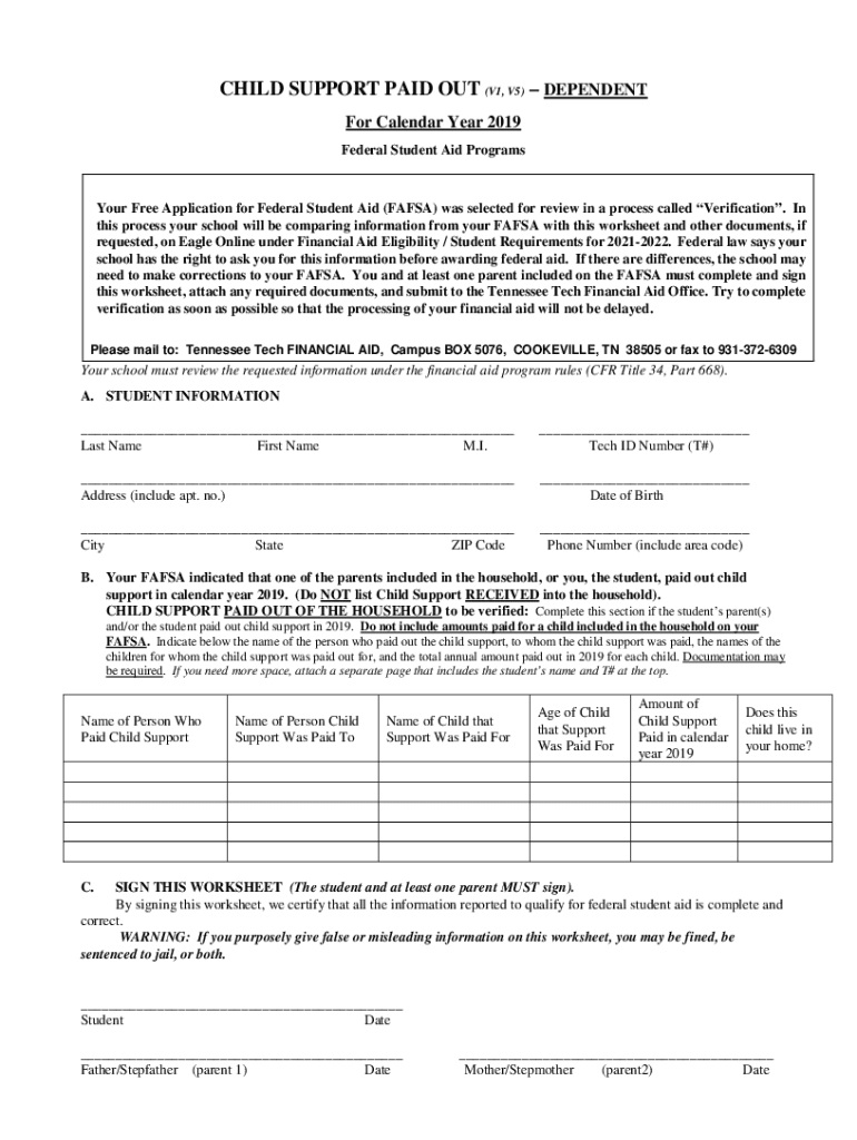 Fillable Online 2022-2023 Financial Aid Year Child Support Paid ...