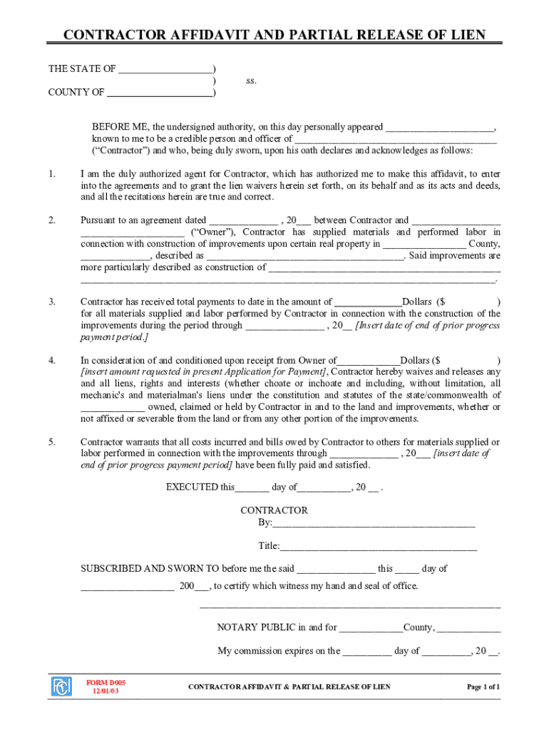 Fillable Online Contractor Affidavit And Partial Release Of Lien Fax ...