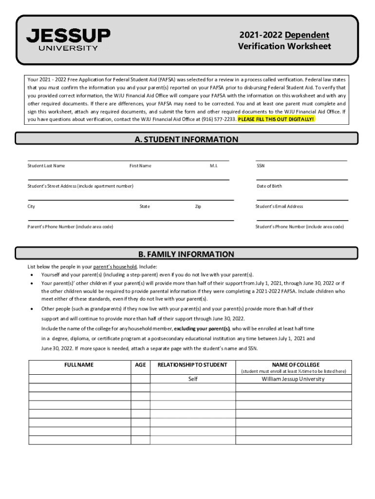 Fillable Online 2021-2022 Standard Dependent Verification Worksheet (V1) Fax Email Print - pdfFiller