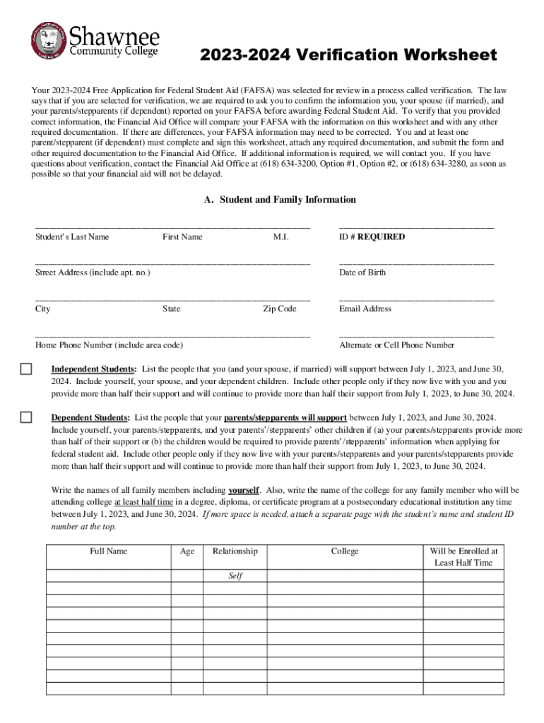 Fillable Online 2023-2024 Household Verification Worksheet ( ... Fax ...