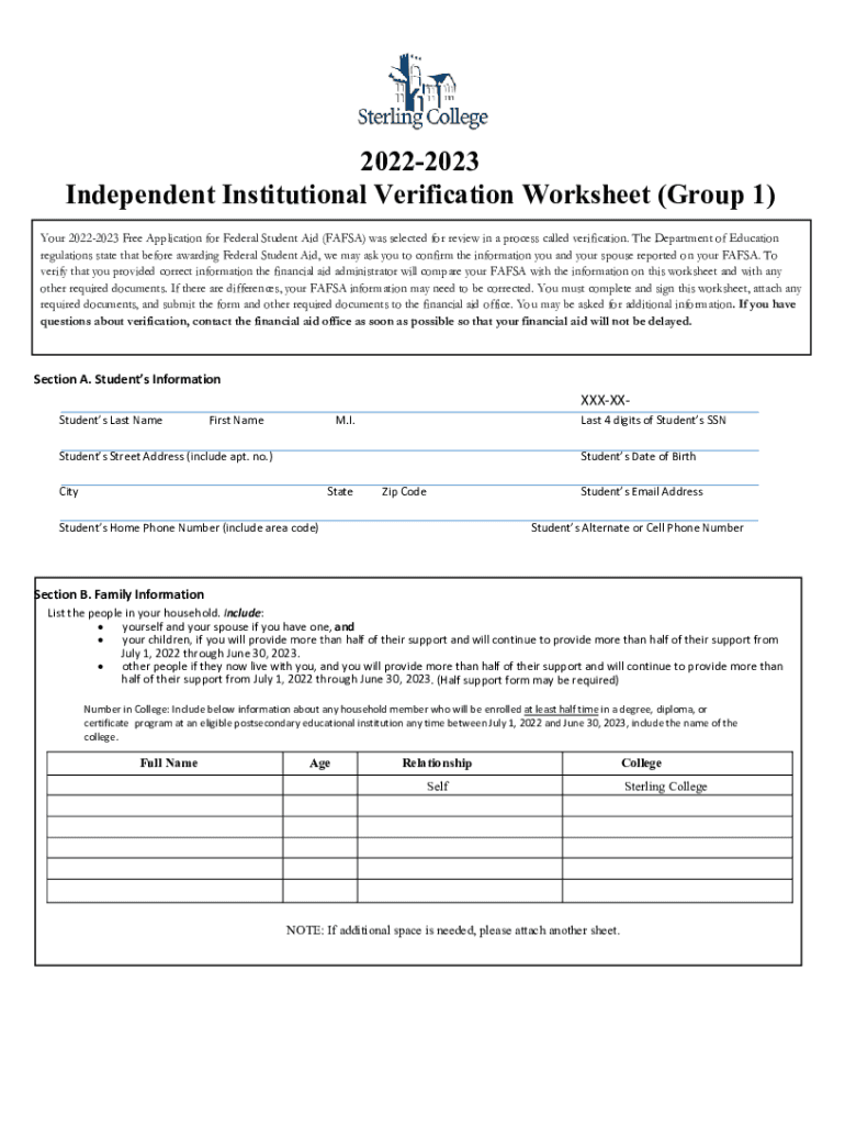 Fillable Online 2022-2023 Independent Institutional Verification Worksheet ( ... Fax Email Print ...