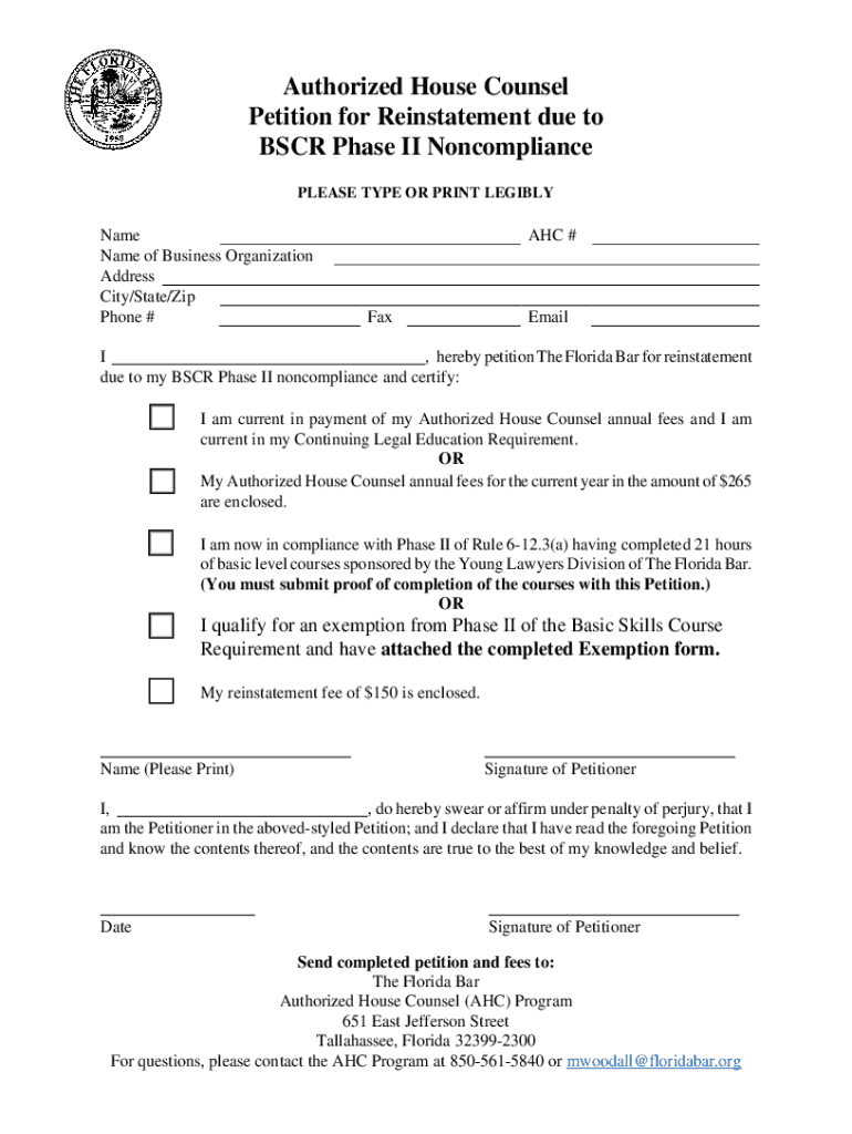 Fillable Online AHC - Petition for Reinstatement Due to BSCR Phase II ...