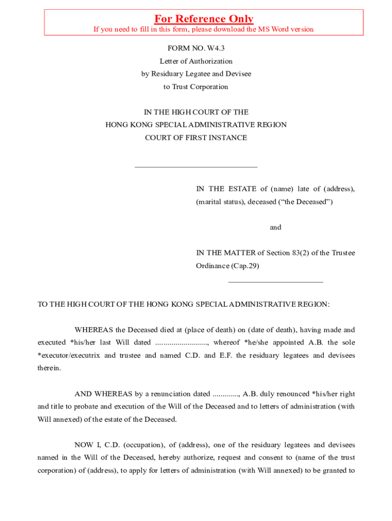 Fillable Online HC Form W4.3 Letter of Authorization by Residuary ...