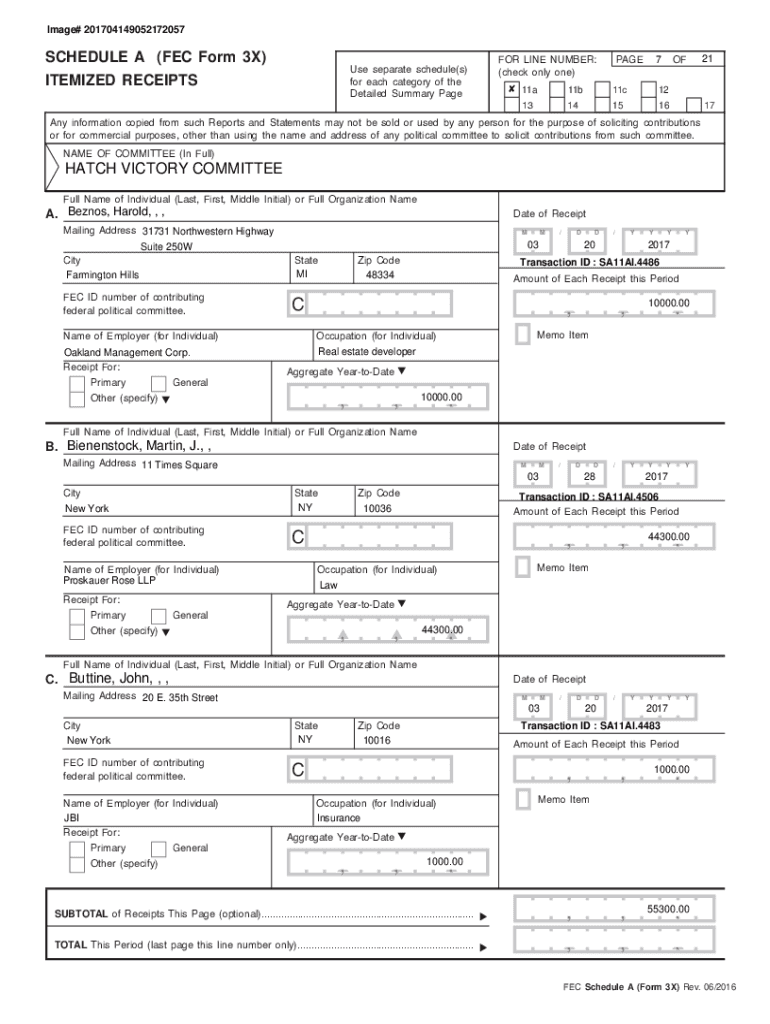 Fillable Online SCHEDULE A (FEC Form 3X) ITEMIZED RECEIPTS HATCH ...