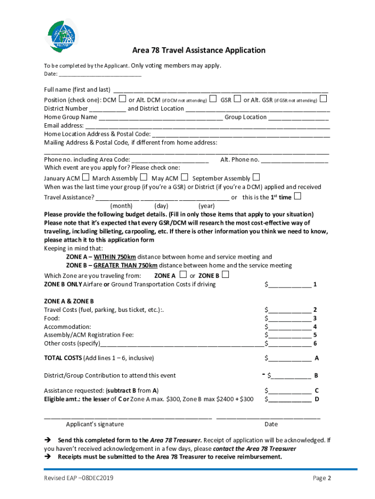 Fillable Online Area 78 Travel Assistance Guidelines & Application Form ...