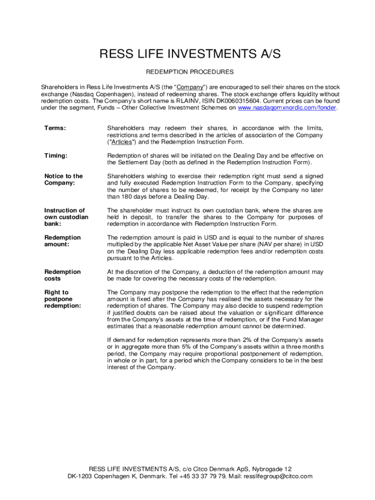 Fillable Online Fillable Online RESS LIFE INVESTMENTS A/S Fax Email Print Fax Email Print ...