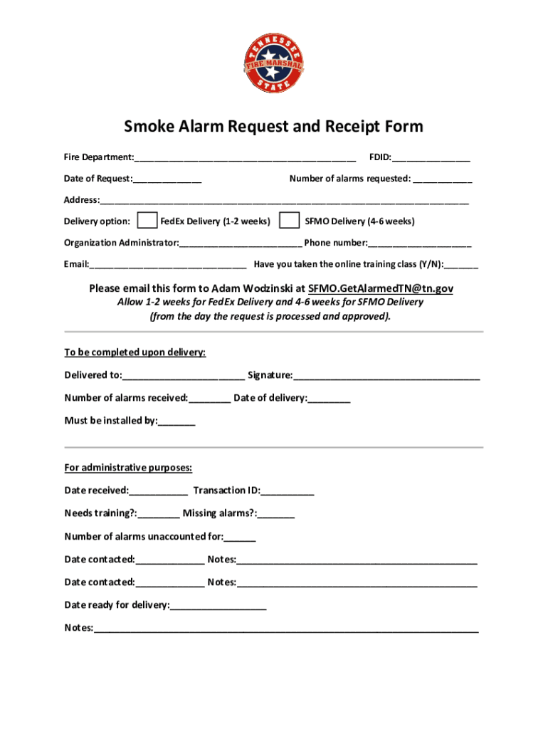 Fillable Online Get Alarmed, TN Smoke Alarm Request & Receipt Form Fax ...