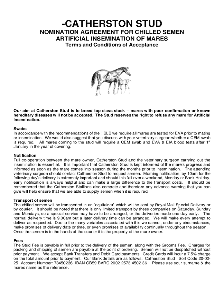 Fillable Online Horse Breeding Contract Chilled Semen Supply ...