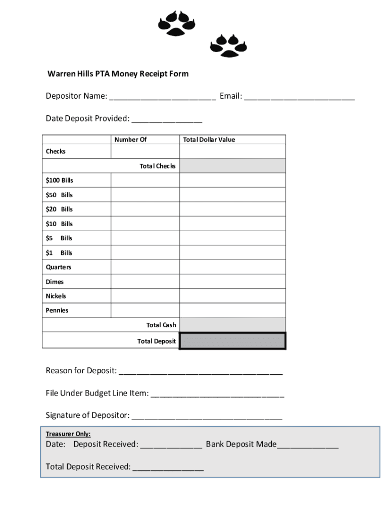 Fillable Online Warren Hills PTA Money Receipt Form Depositor Name Fax ...
