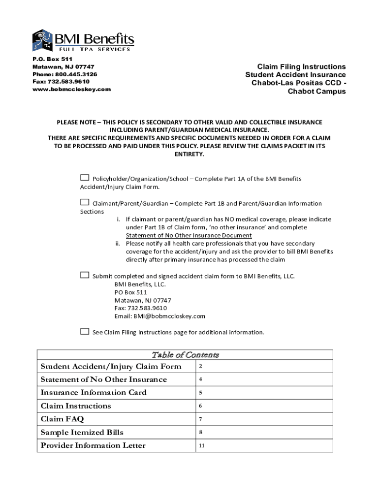 Fillable Online Claim Filing Instructions Student Accident Insurance ...