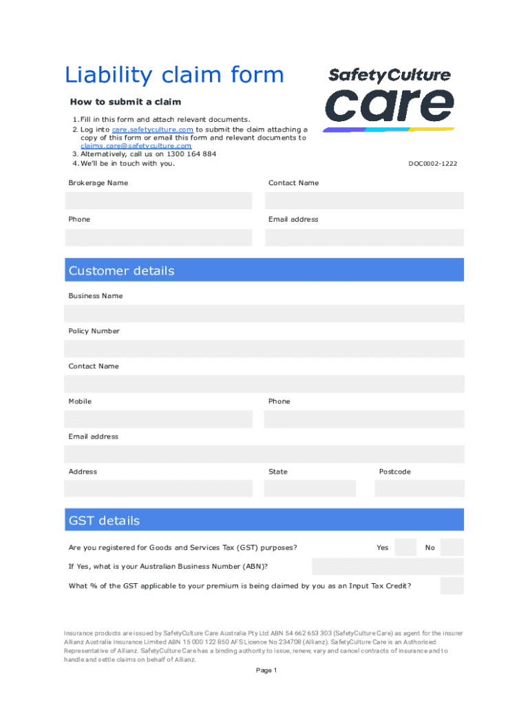 Fillable Online SC Care Liability - New Claim Form - DOC0002-1222 v4 ...