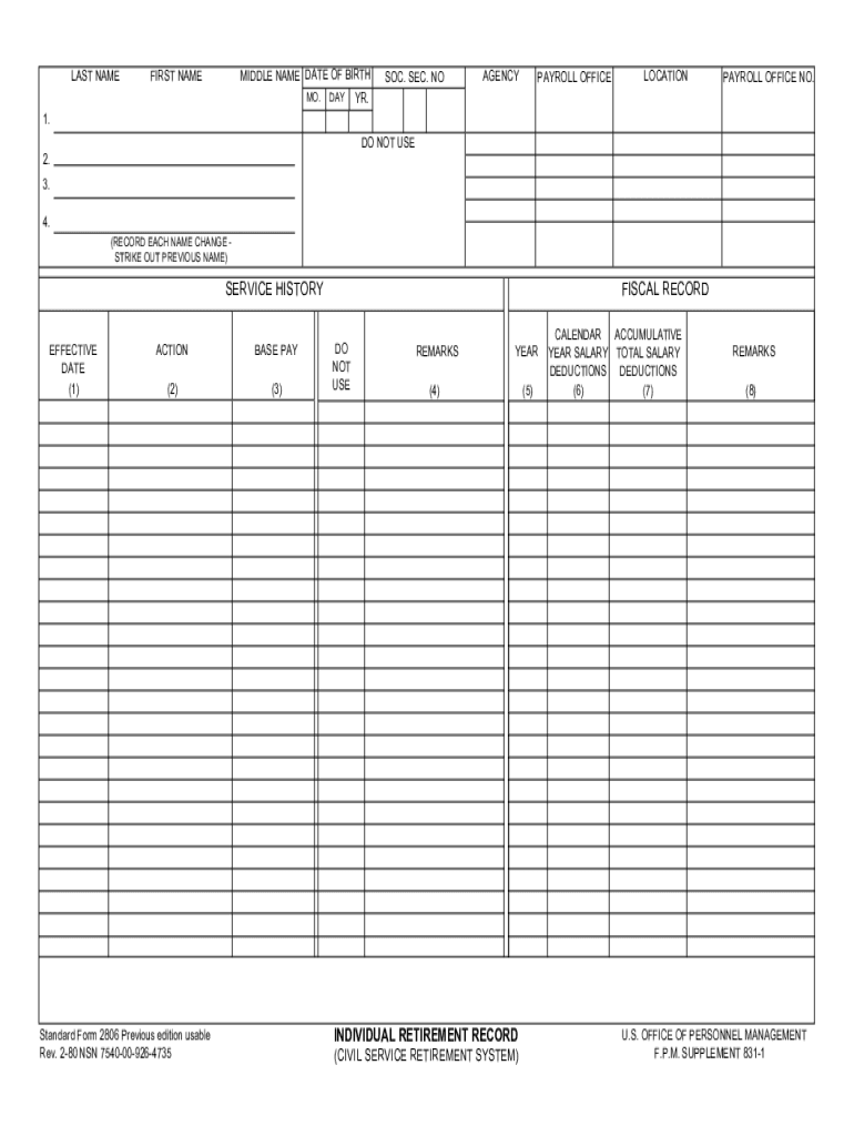 Fillable Online Standard Form 2806 - Individual Retirement Record ...