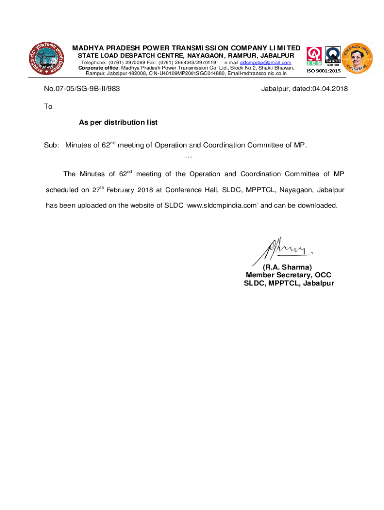 Fillable Online State Load Dispatch Centre, Jabalpur Fax Email Print - pdfFiller
