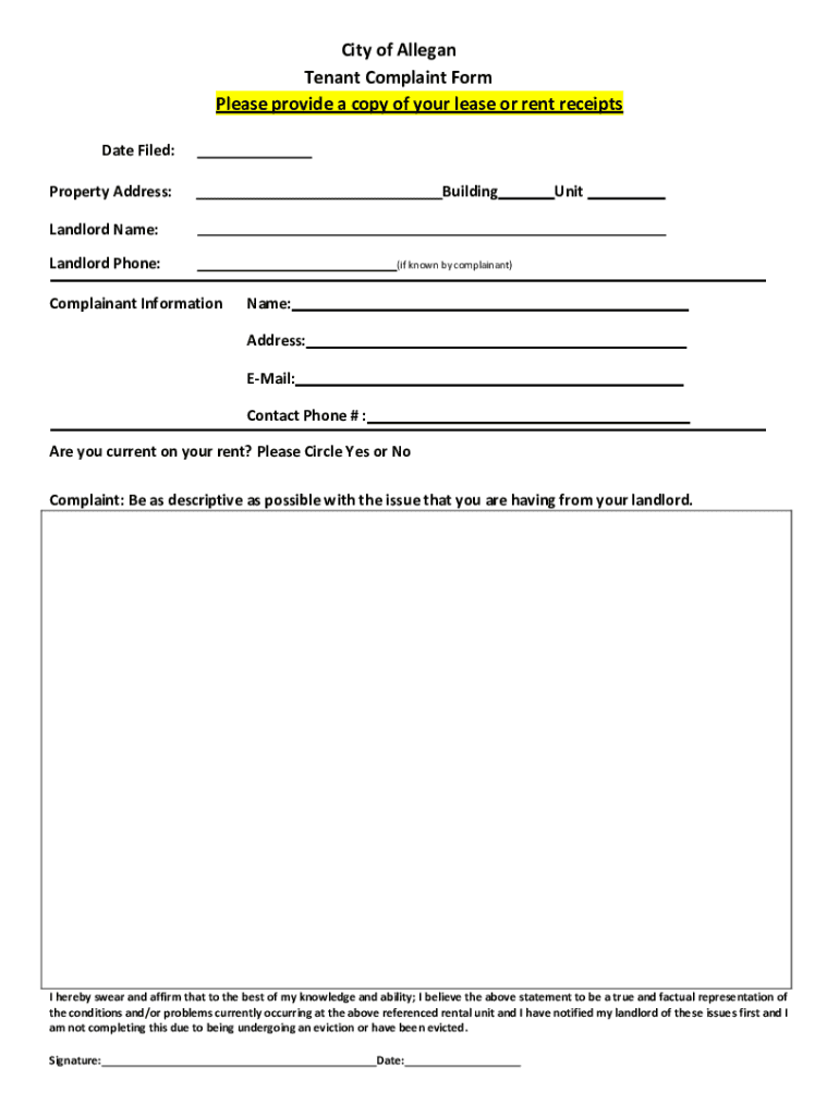 Fillable Online Tenant Complaint Form Pdf - Fill Online, Printable ...