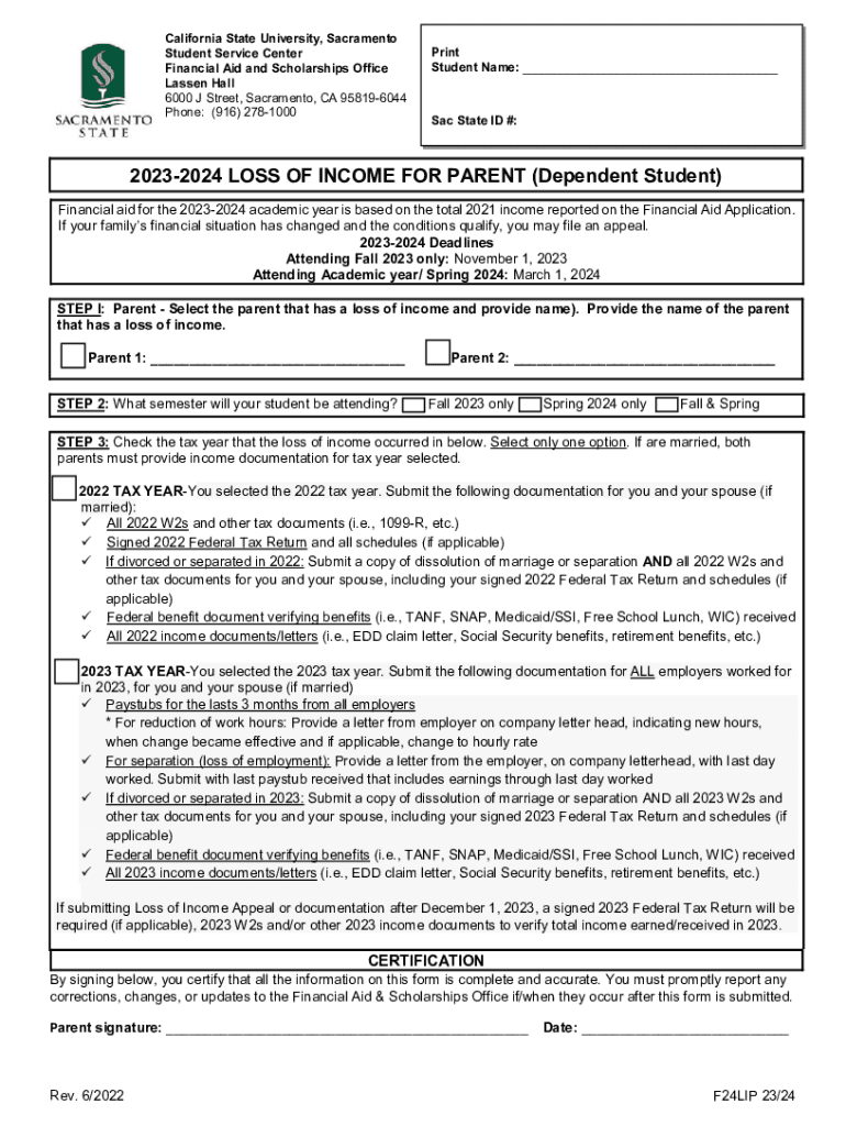 Fillable Online 2023-2024 LOSS OF INCOME FOR PARENT (Dependent Student ...