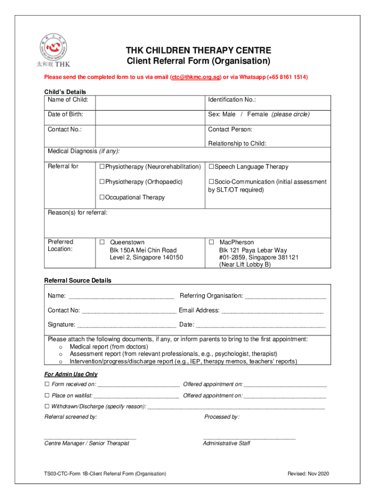 Fillable Online THK CHILDREN THERAPY CENTRE Client Referral Form ...