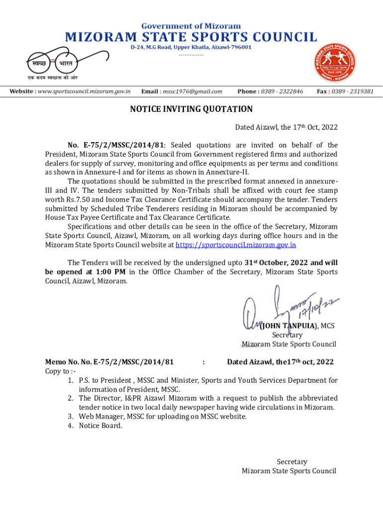 Fillable Online E-75/2/MSSC/2014/81: Sealed quotations are invited on ...