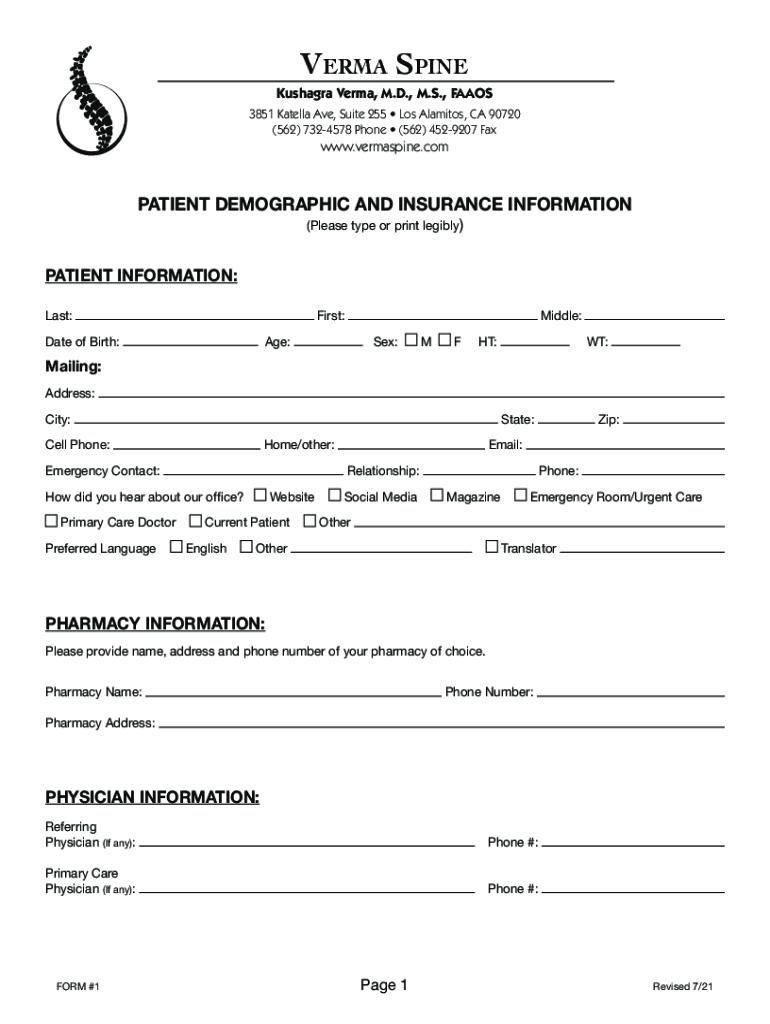 Fillable Online Verma Spine: Board Certified Orthopedic Spine Surgeons ...