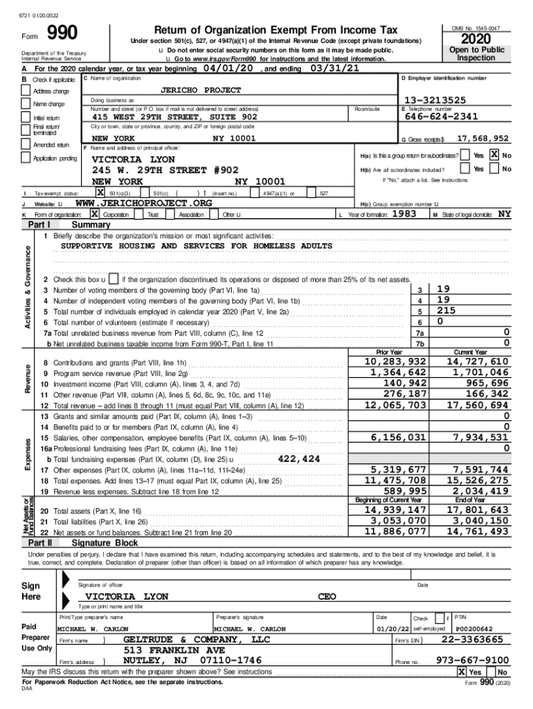 Fillable Online Return of Organization Exempt From Income Tax 04/01/20 ...