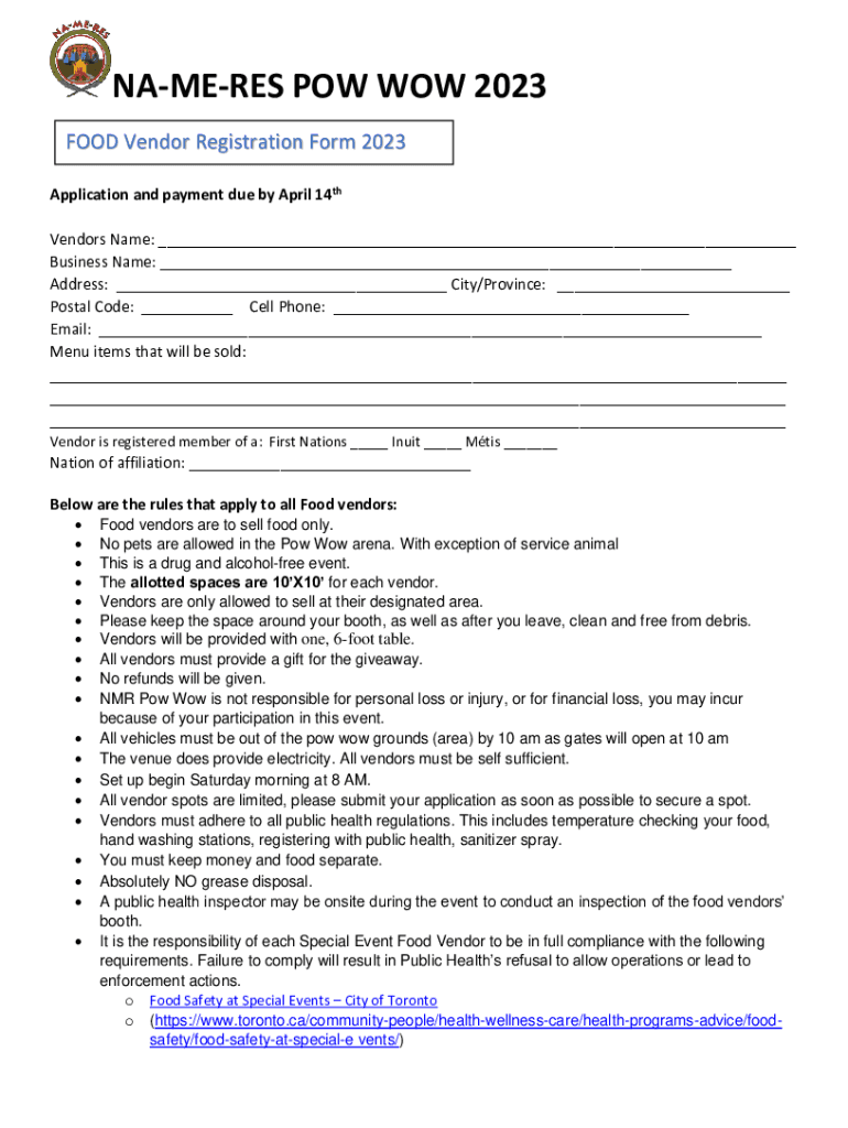 Fillable Online FOOD Vendor Registration Form 2023 Fax Email Print - pdfFiller