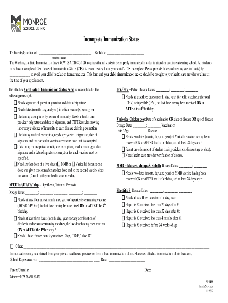 Fillable Online Incomplete Immunization Status Fax Email Print - pdfFiller