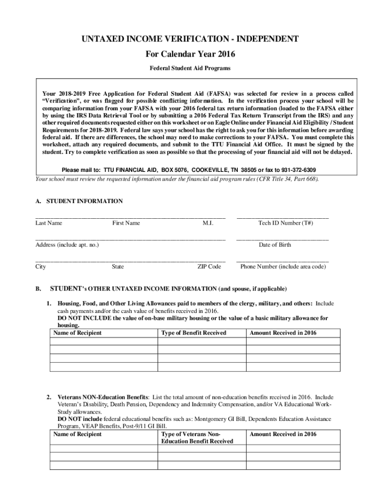 Fillable Online Independent Verification Worksheet (V1) 2018-2019 Call ...