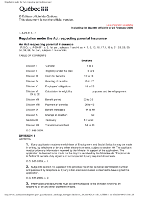 Fillable Online Regulation under the Act respecting parental insurance ...