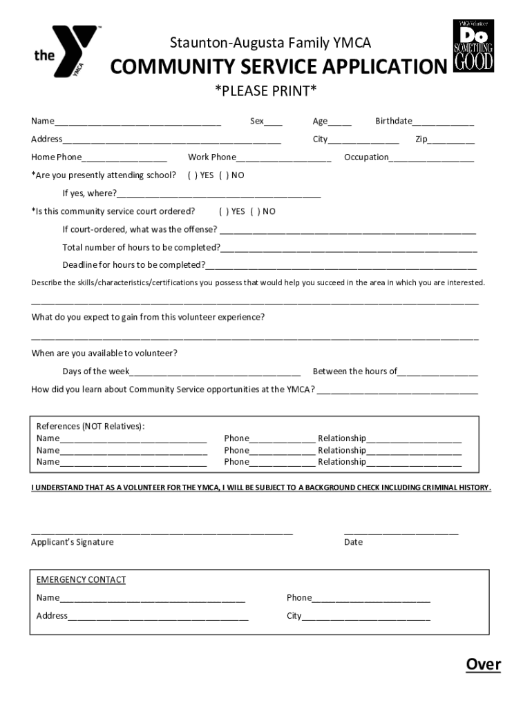 Fillable Online COMMUNITY SERVICE APPLICATION - Staunton Fax Email ...