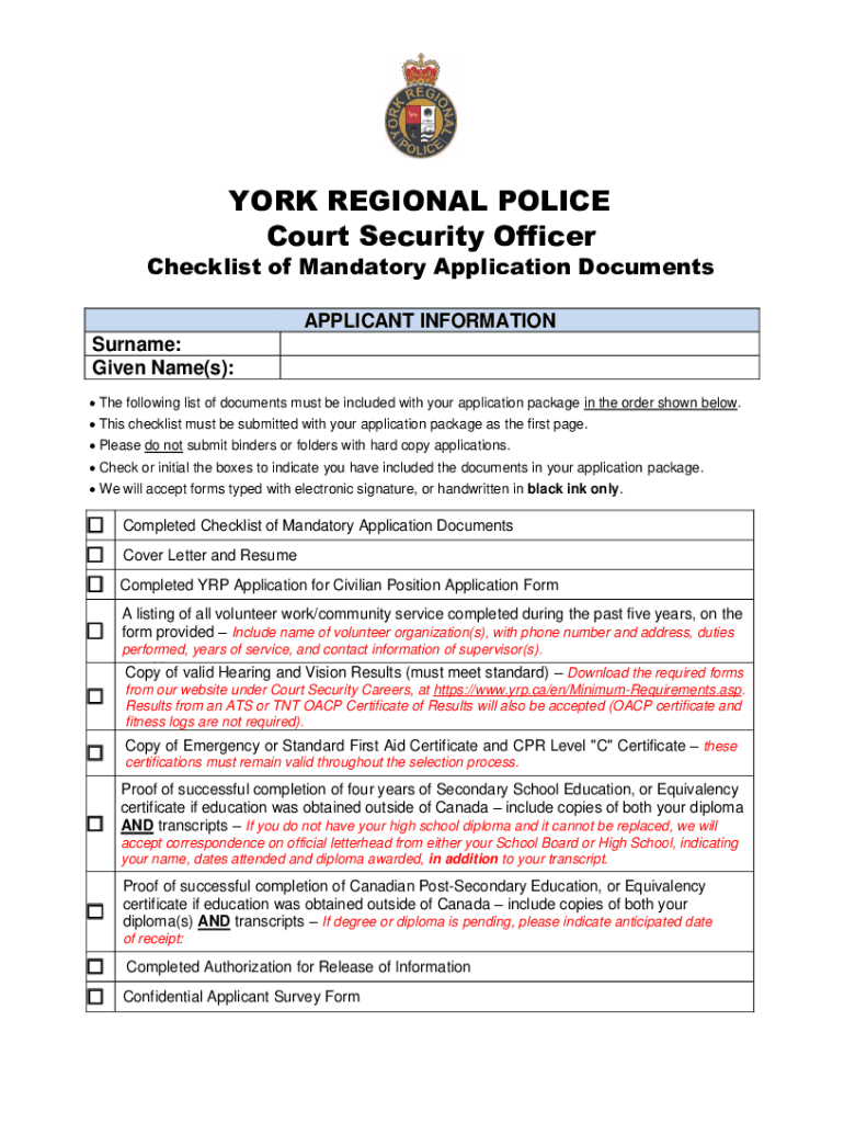 Fillable Online YORK REGIONAL POLICE Court Security Officer Fax Email ...