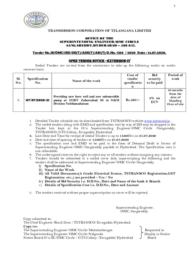 Fillable Online 1 TRANSMISSION CORPORATION OF TELANGANA ... - Tstransco ...