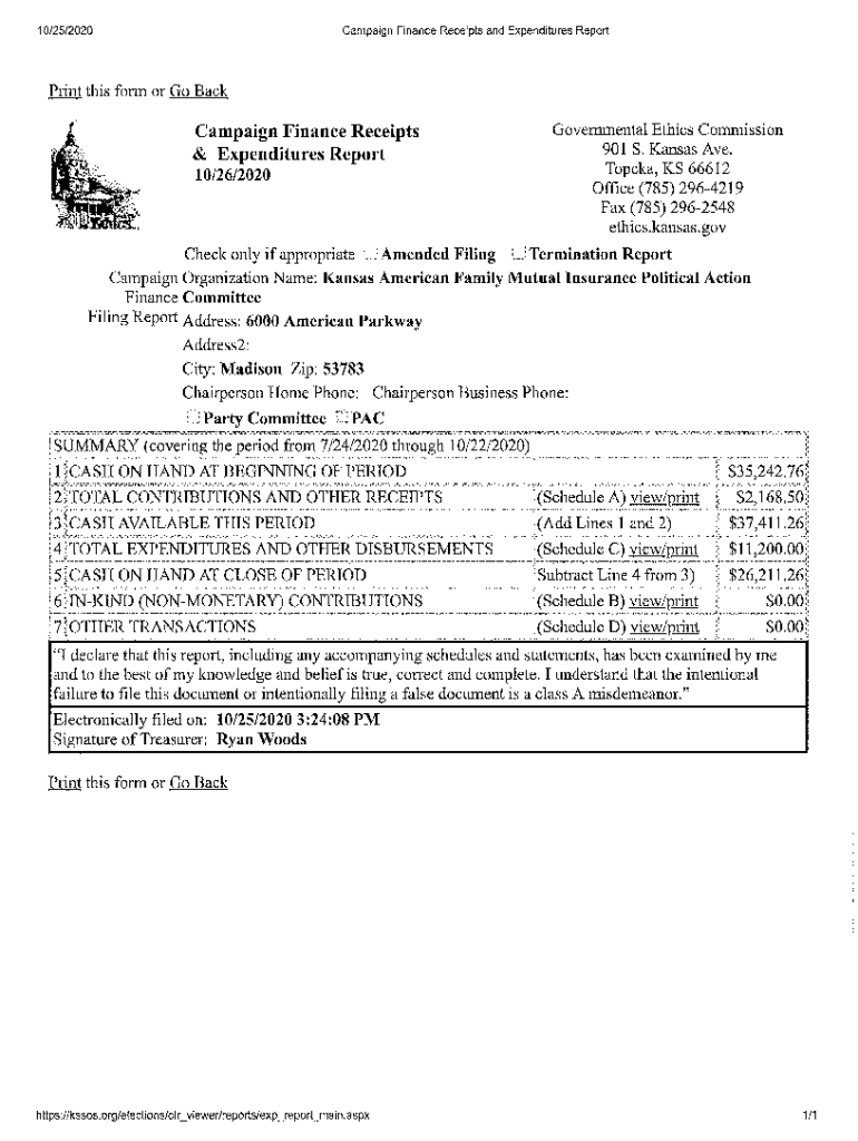Fillable Online ethics ks 10/25/2020 Campaign Finance Receipts and Expenditures Report Fax Email ...