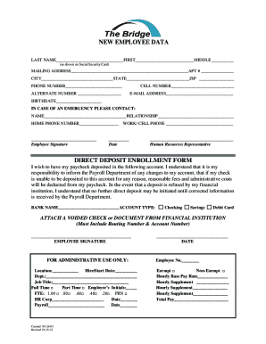 Fillable Online NEW EMPLOYEE DATA DIRECT DEPOSIT ENROLLMENT FORM Fax Email Print - pdfFiller