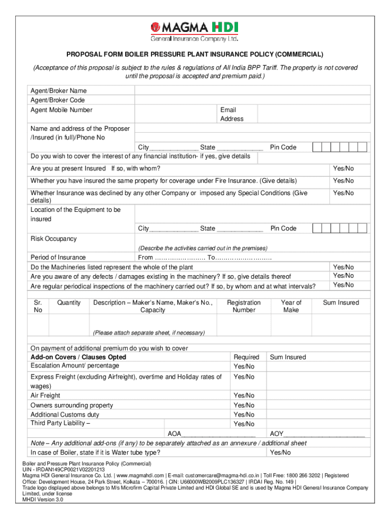 Fillable Online Kotak Boiler And Pressure Plant Insurance - Proposal ...