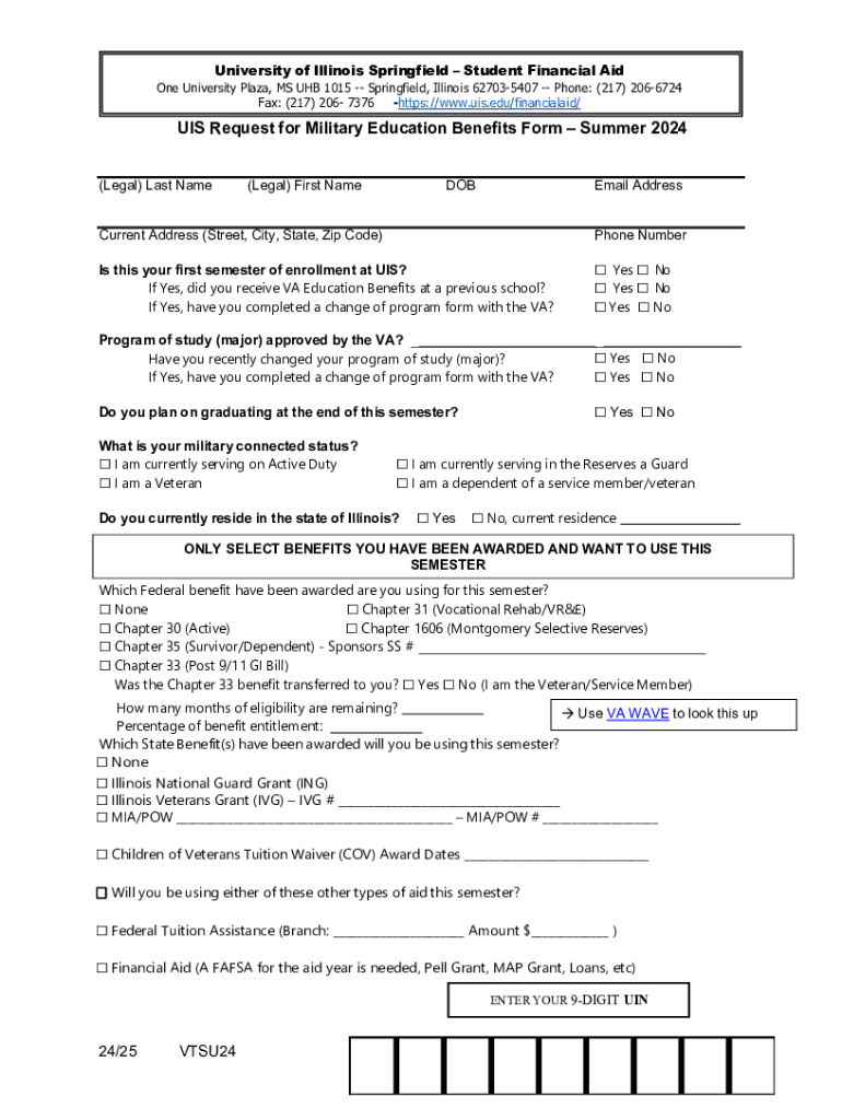 Fillable Online UIS Request for Military Education Benefits Form Summer ...