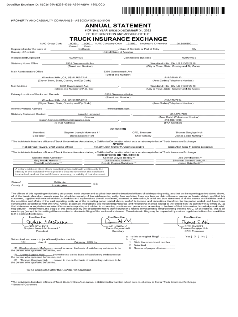 Fillable Online 21709 TRUCK INSURANCE EXCHANGE Original Filing Naic ...