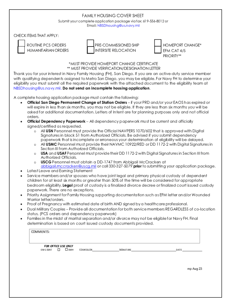 Fillable Online FAMILY HOUSING COVER SHEET Fax Email Print - pdfFiller