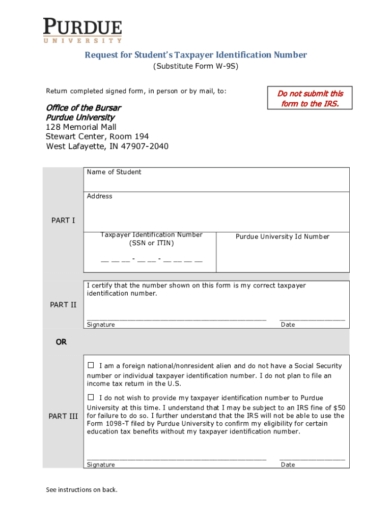 Fillable Online Request for Student's Taxpayer Identification ...