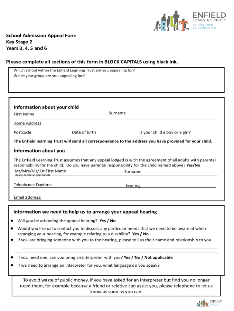Fillable Online Completing your School Admissions Appeal Form Fax Email ...