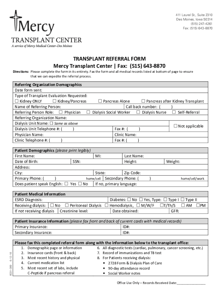 Fillable Online TRANSPLANT REFERRAL FORM Mercy Transplant Center Fax ...