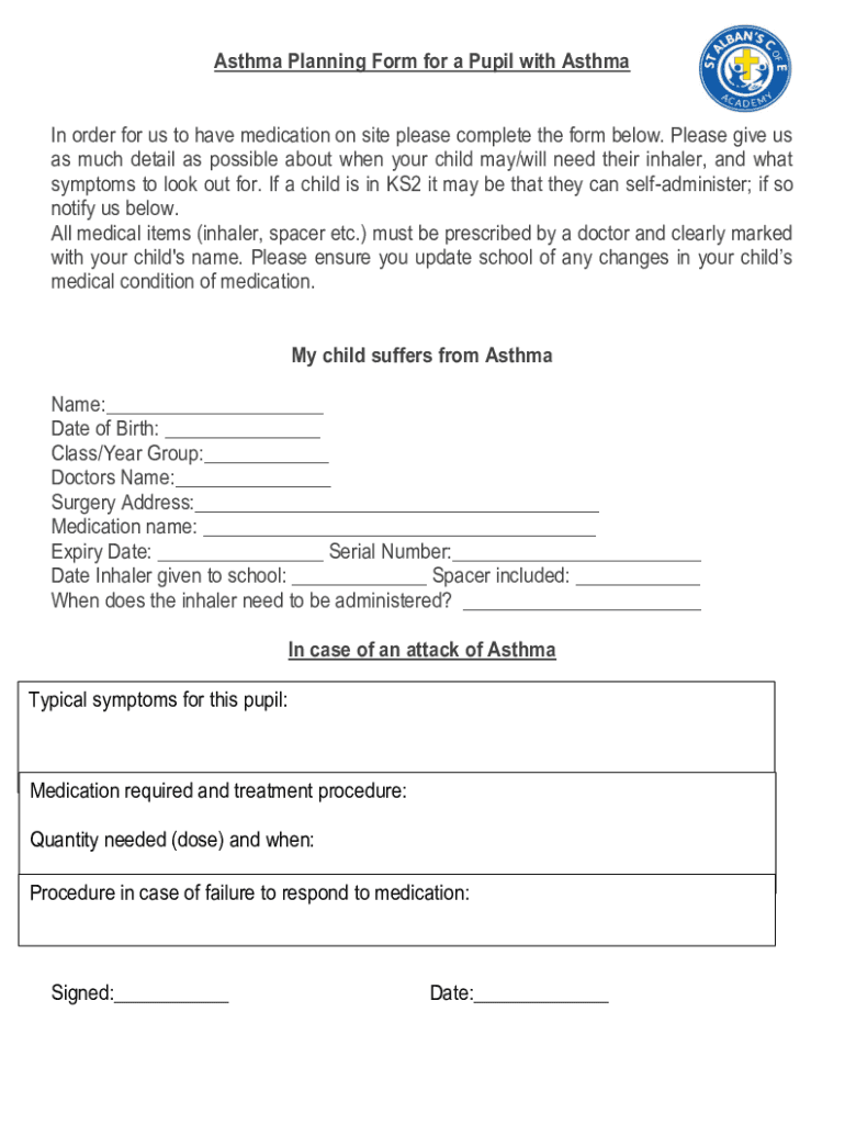 Fillable Online Asthma Planning Form for a Pupil with Asthma Fax Email ...