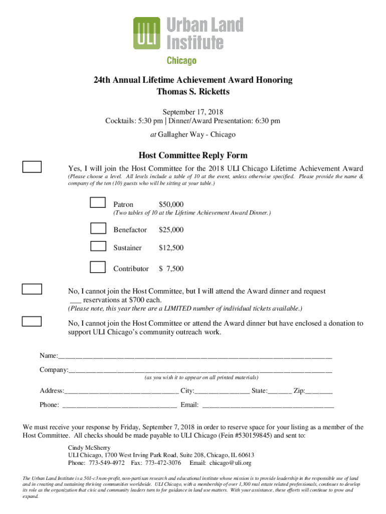 Fillable Online ULI Lifetime Achievement Award Dinner & Reception at ... Fax Email Print - pdfFiller