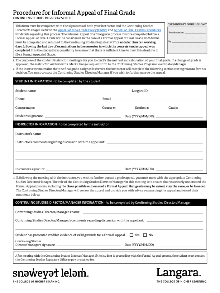 Fillable Online Procedure for Informal Appeal of Final Grade Fax Email Print - pdfFiller