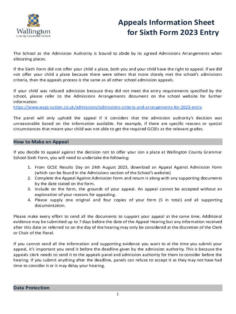 Fillable Online Appeals Information Sheet - Sixth Form 2023 Entry Fax ...