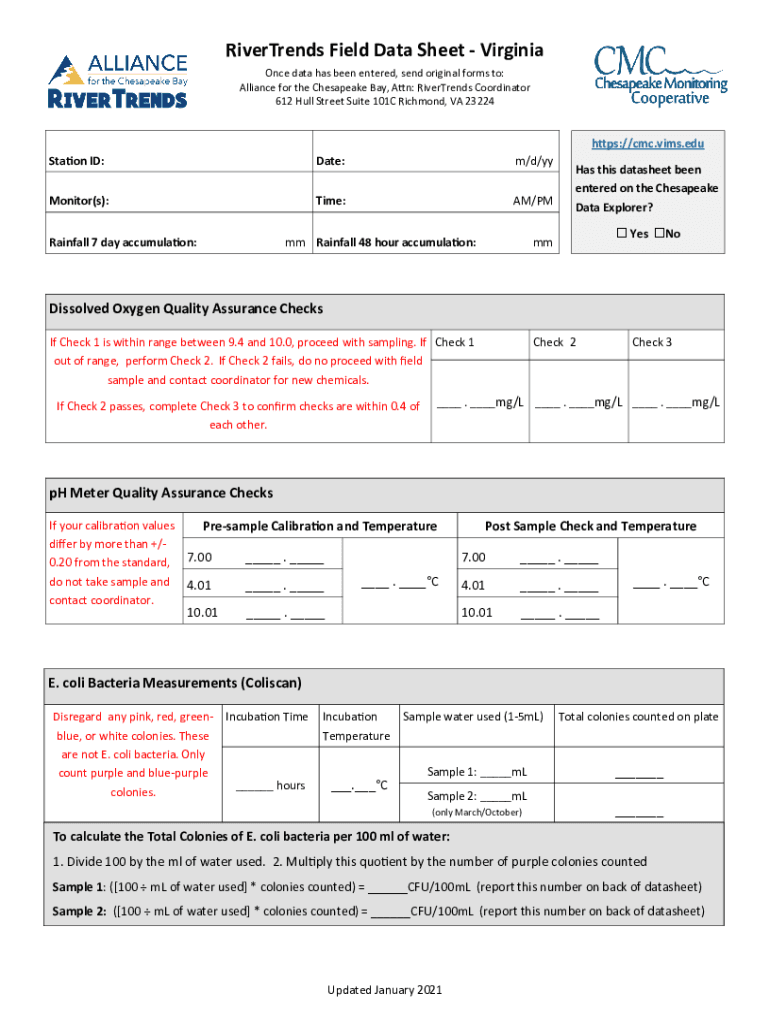 Fillable Online RiverTrends Field Data Sheet - Virginia Fax Email Print ...