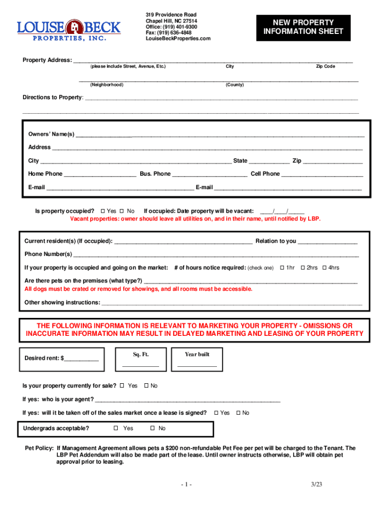 Fillable Online NEW PROPERTY INFO SHEET (House) Fax Email Print - pdfFiller