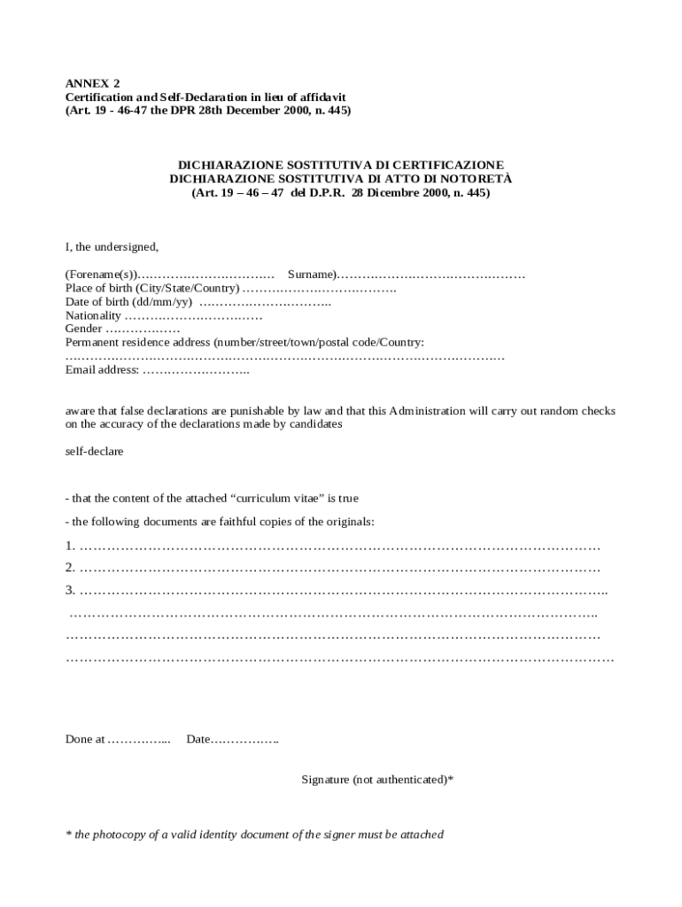 DICHIARAZIONE SOSTITUTIVASELF-DECLARATION Doc Template | pdfFiller