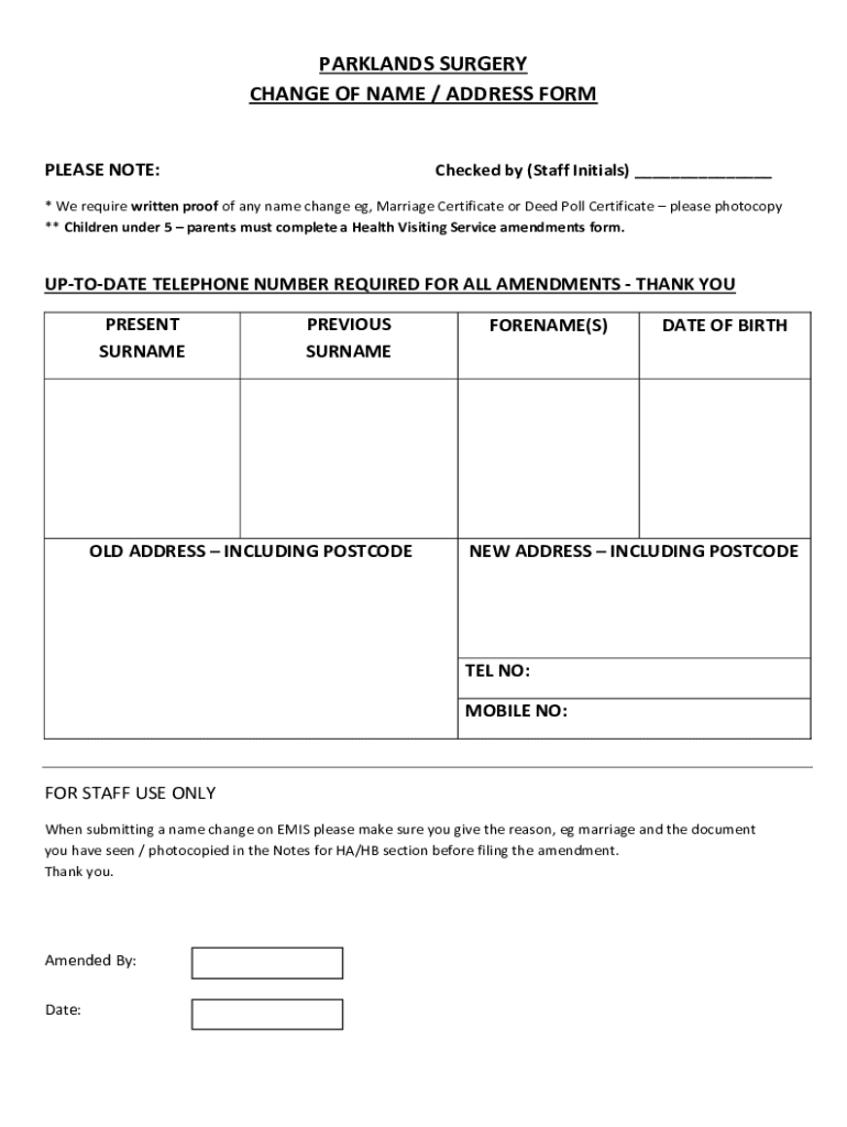Fillable Online Change of Address Form - Parklands Surgery Fax Email Print - pdfFiller