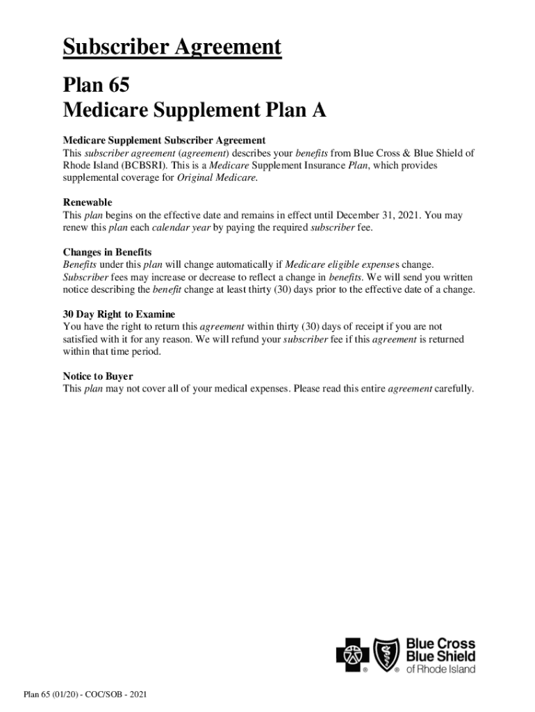 Fillable Online Subscriber Agreement - Plan 65 Medicare Supplement ...