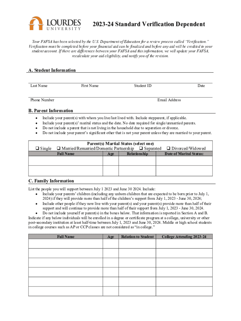 Fillable Online 2023-24 Dependent Student Verification Worksheet Fax ...