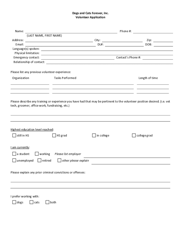 Fillable Online Sean Casey Animal Rescue Volunteer - Fill Online ...